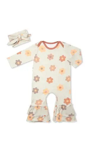 EVERLY GREY Floral Ruffle Romper & Head Wrap Set - Daisies