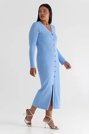 KADA Long Sleeve Sweater Duster Midi Dress - Sky