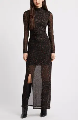 OPEN EDIT Long Sleeve Mesh Maxi Dress - Brown- Black Elegant Leopard