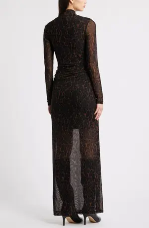 OPEN EDIT Long Sleeve Mesh Maxi Dress - Brown- Black Elegant Leopard
