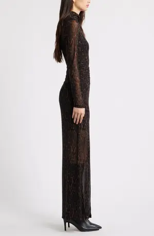 OPEN EDIT Long Sleeve Mesh Maxi Dress - Brown- Black Elegant Leopard