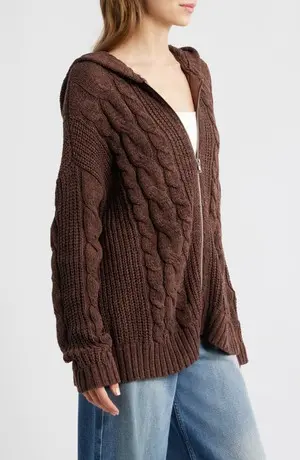PACSUN Cable Knit Zip-up Hooded Sweater - Brown