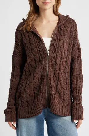 PACSUN Cable Knit Zip-up Hooded Sweater - Brown