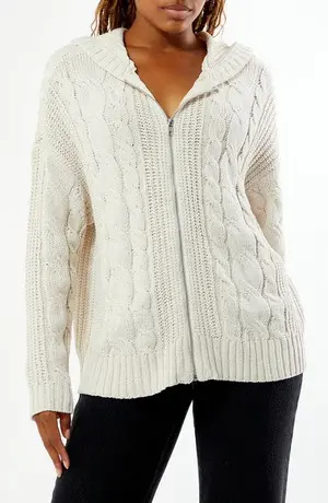 PACSUN Cable Knit Zip-up Hooded Sweater - Ivory