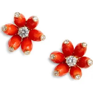 GRACE WINFREY 18k Yellow Gold Cactus Flower Stud Earrings With Coral And Diamonds - Coral/diamond
