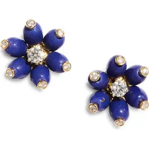 GRACE WINFREY 18k Yellow Gold Cactus Flower Stud Earrings With Coral And Diamonds - Lapis/diamond