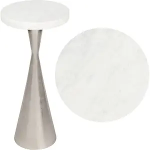 JONATHAN Y Ziggy 22" Contemporary Designer Metal Drink Table And Decorative End Table With White Marble Round Top And Cone Pedestal Base - Antique Nickel