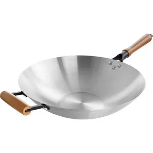OSTER Sangerfield 14in Stainless Steel Flat Bottom Wok With Wooden Handles - Metallic Silver