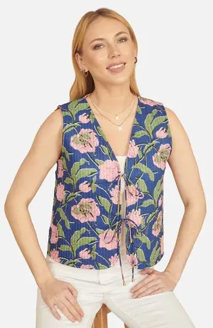 YUMI Floral Reversible Quilted Vest Jacket - Navy