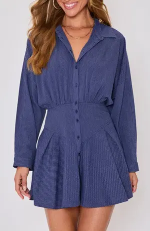 VICI Taylor Stripe Long Sleeve Mini Shirtdress - Navy/cream