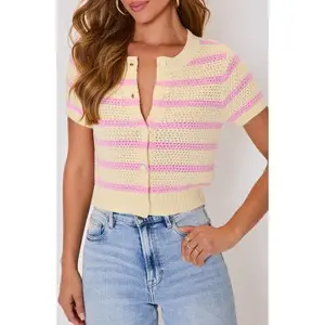 VICI Jessica Stripe Open Stitch Short Sleeve Cardigan - Yellow/ Pink