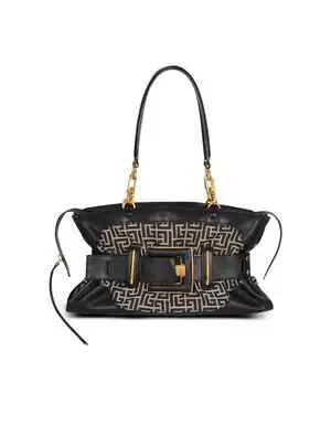 Balmain Leather And Monogram Jacquard Anthem Bag - Black