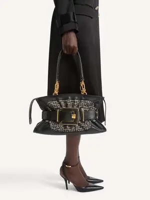 Balmain Leather And Monogram Jacquard Anthem Bag - Black