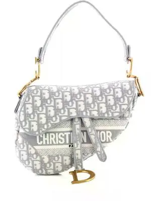 Dior Saddle Handbag Logo Embroidered Oblique Canvas Medium Shoulder Bag - Grey