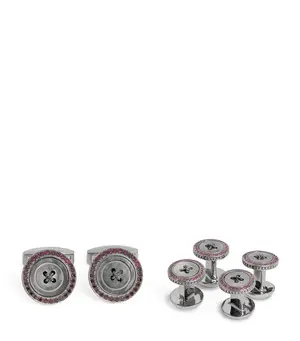 Tateossian Silver Ruby-embellished Button Cufflink And Stud Set