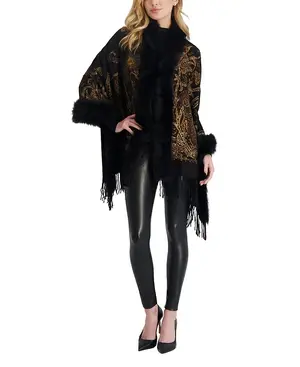 Gorski Double Face Cashmere Stole With Toscana Lamb Tape Top And Bottom - Black Gold Paisley