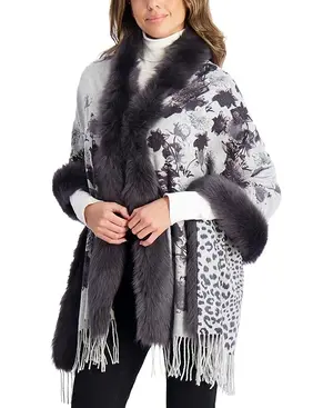 Gorski Double Face Cashmere Stole With Toscana Lamb Tape Top And Bottom - Gray Print/animal Print