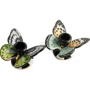 MACKENZIE-CHILDS Toile Set Of 2 Butterfly Candleholders - Black Multi
