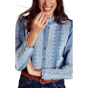Boden Embroidered Denim Button-up Blouse