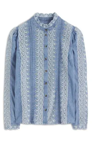 Boden Embroidered Denim Button-up Blouse