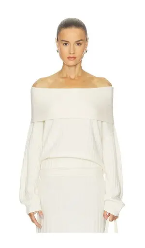 Naadam Premium Cashmino Ribbed Draped Off-shoulder Top