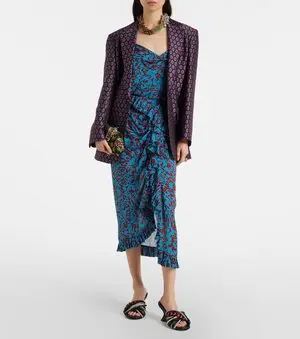 Dries Van Noten Printed Draped Ruffled Midi Skirt - Blue