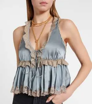 Chloé Lace-trimmed Silk Satin Top - Blue