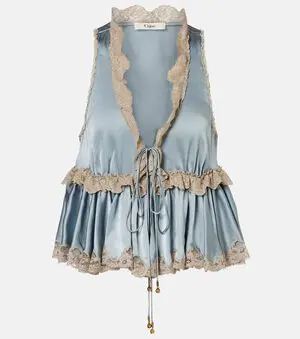 Chloé Lace-trimmed Silk Satin Top - Blue