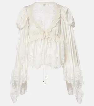 Chloé Chloé Lace-Trimmed Silk Satin Top White
