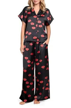 MIDNIGHT BAKERY Valentine's Day Print Satin Long Pajamas - Black