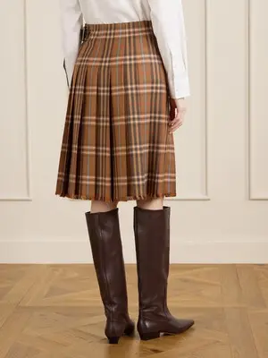 Burberry Belted Frayed Checked Wool Skirt - Brown