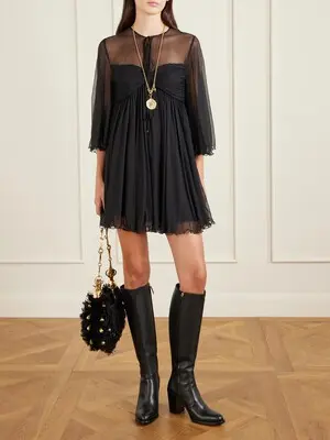 Chloé Tie-detailed Gathered Silk-chiffon Mini Dress - Black