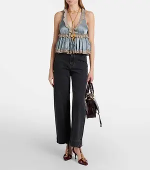 Chloé Lace-trimmed Silk Satin Top - Blue