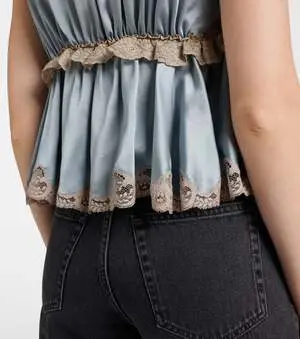 Chloé Lace-trimmed Silk Satin Top - Blue