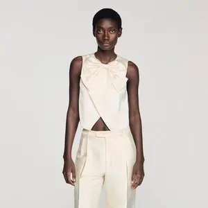 Sandro Satin Bow Crop Top - Ecru