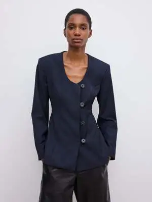 HOUSE OF DAGMAR Fitted Collarless Blazer - Dark Navy
