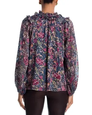 Aqua Long Sleeved Floral Satin Burnout Ruffled Blouse