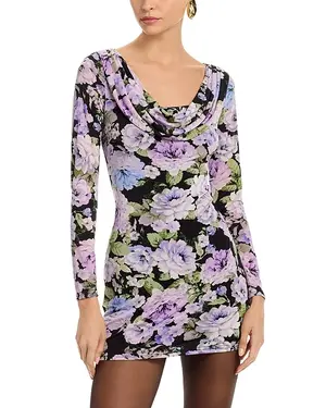 Aqua Bloom Cowl Neck Mini Dress - Black Multi