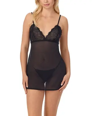 ON GOSSAMER Luxe Lace Chemise And Thong - Black