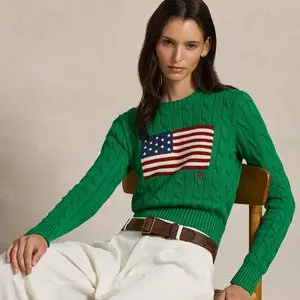 Ralph Lauren Flag Cable-knit Cropped Cotton Sweater - Billiard