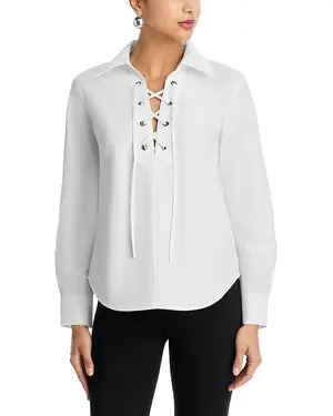 Aqua Poplin Lace-up Long-sleeved Top