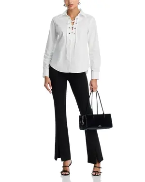 Aqua Poplin Lace-up Long-sleeved Top