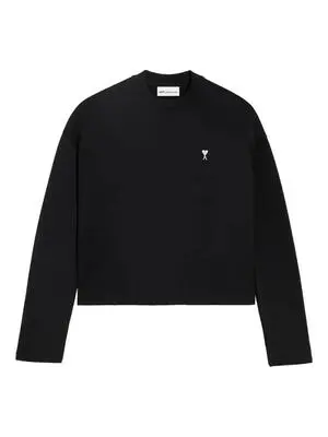 Ami Cotton Fleece Cropped Sweatshirt With De Coeur Embroidery - Black
