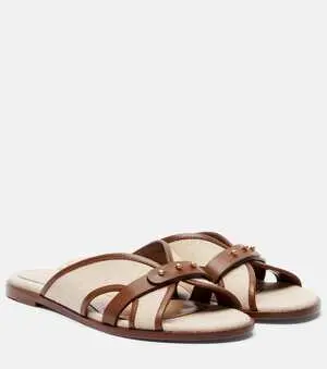 GIANVITO ROSSI Leather-trimmed Canvas Slides - Beige