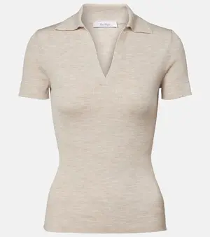 Max Mara Albero Ribbed-Knit Wool Polo Shirt Beige