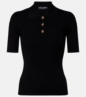 Dolce & Gabbana Embellished Ribbed-knit Polo Shirt - Black