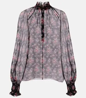 Dolce & Gabbana Floral Ruffled Sheer Silk Blouse - Black