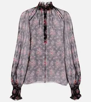 Dolce & Gabbana Floral Ruffled Sheer Silk Blouse