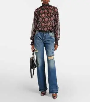 Dolce & Gabbana Floral Ruffled Sheer Silk Blouse