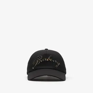 Burberry Check Cursive Logo Gabardine Baseball Cap